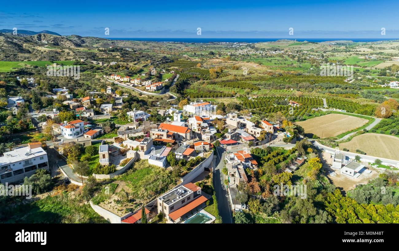 Aerial bird eye view of Goudi village in Polis Chrysochous valley ...