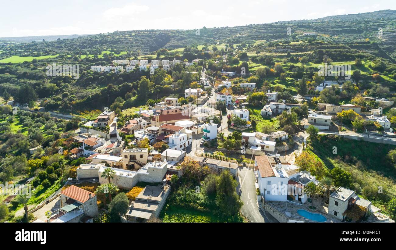 Aerial bird's eye view of Goudi village in Polis Chrysochous valley ...