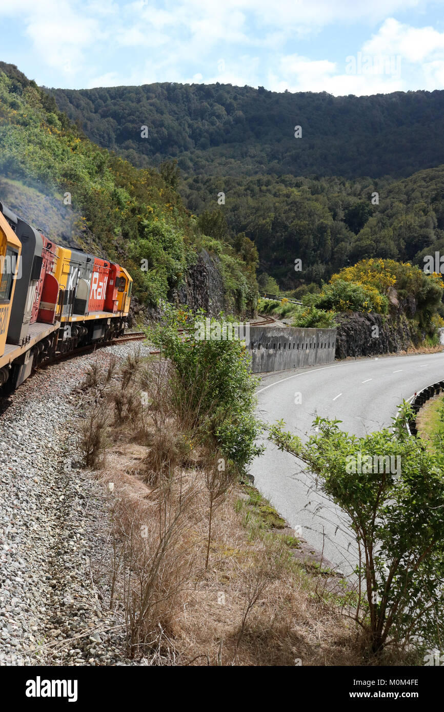 View from observation car on Trans Alpine Express train looking to the ...