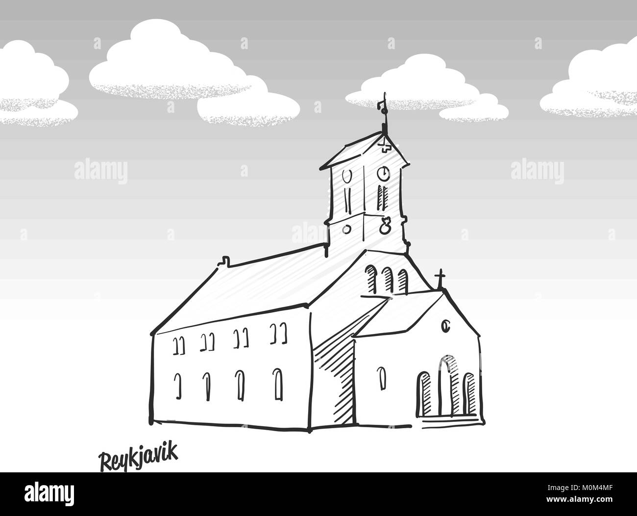 Reykjavik, Iceland famous landmark sketch. Lineart drawing by hand ...