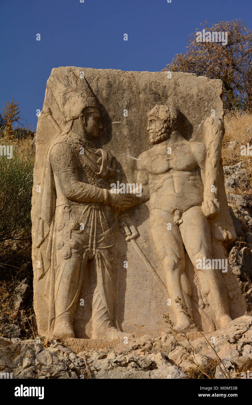 A dexiosis, or handshake relief, with Heracles (R) and King Mithradates ...