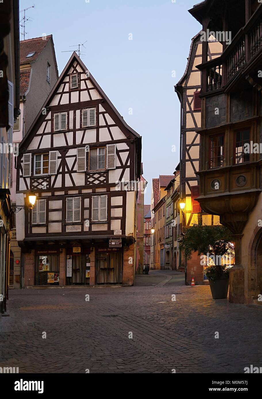 Early morning. Medieval houses Old Town, Colmar, Alsace, France Stock ...