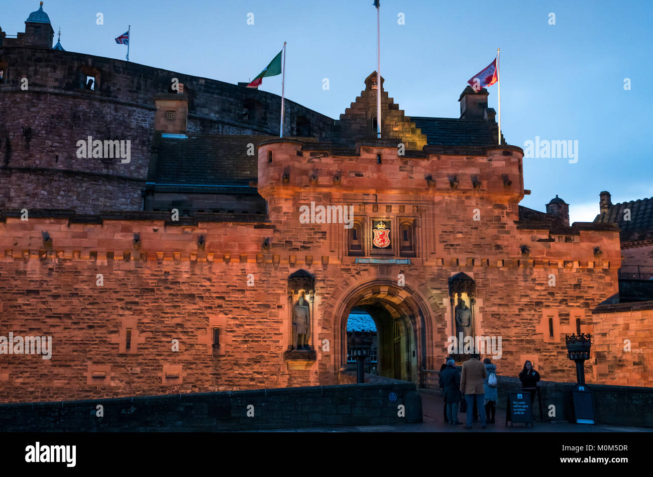 Edinburgh Castle entrance and esplanade lit up at dusk, Edinburgh ...