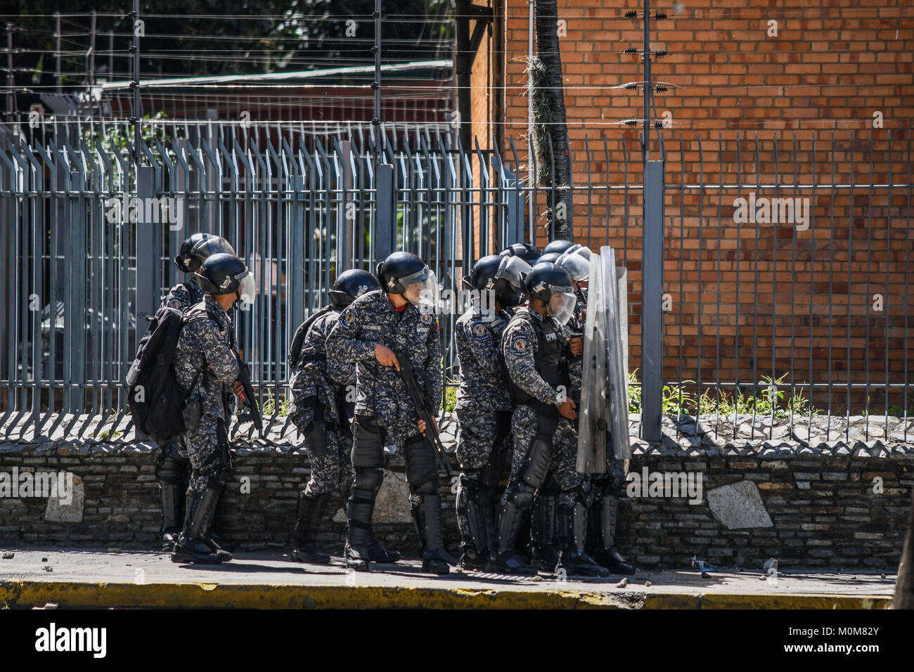 Caracas, Venezuela. 22nd Jan, 2018. Riot police seen with shield during ...
