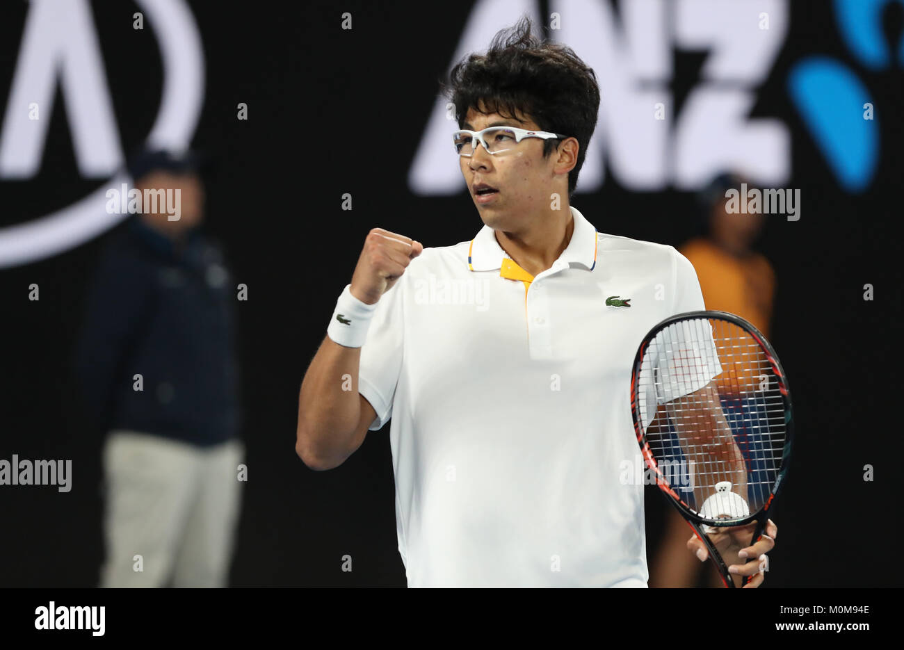 Korean tennis player Hyeon Chung is in action during his 4th round ...