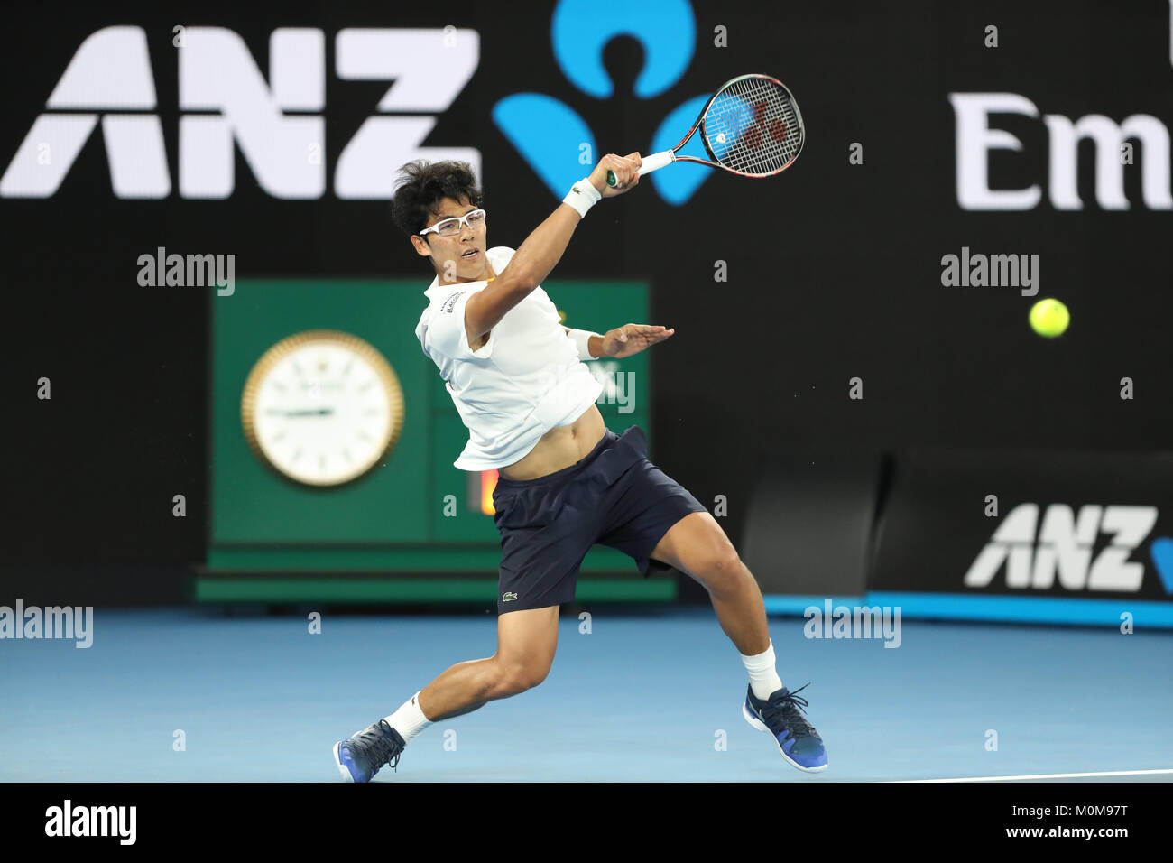 Korean tennis player Hyeon Chung is in action during his 4th round ...