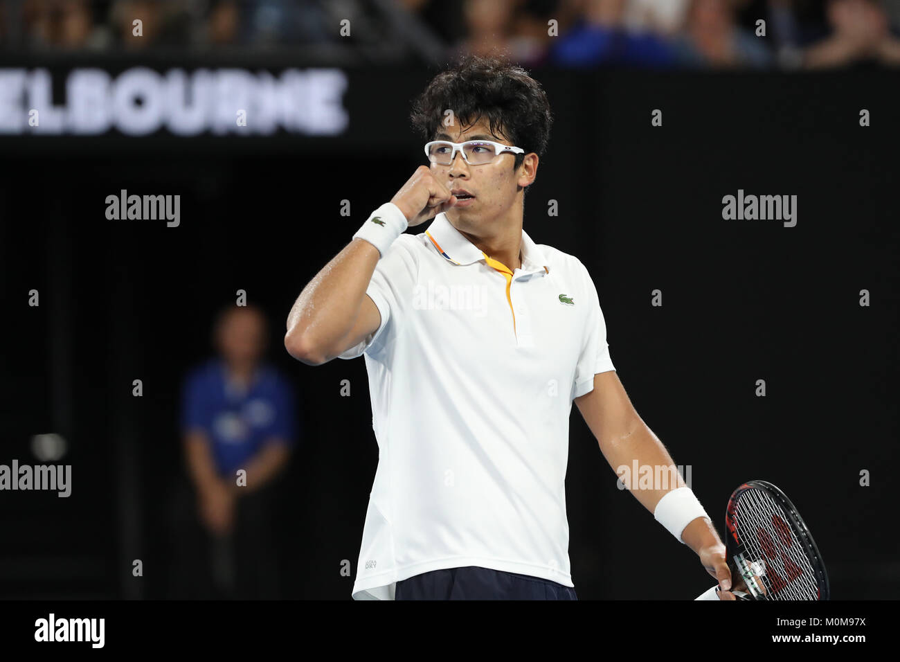 Korean tennis player Hyeon Chung is in action during his 4th round ...