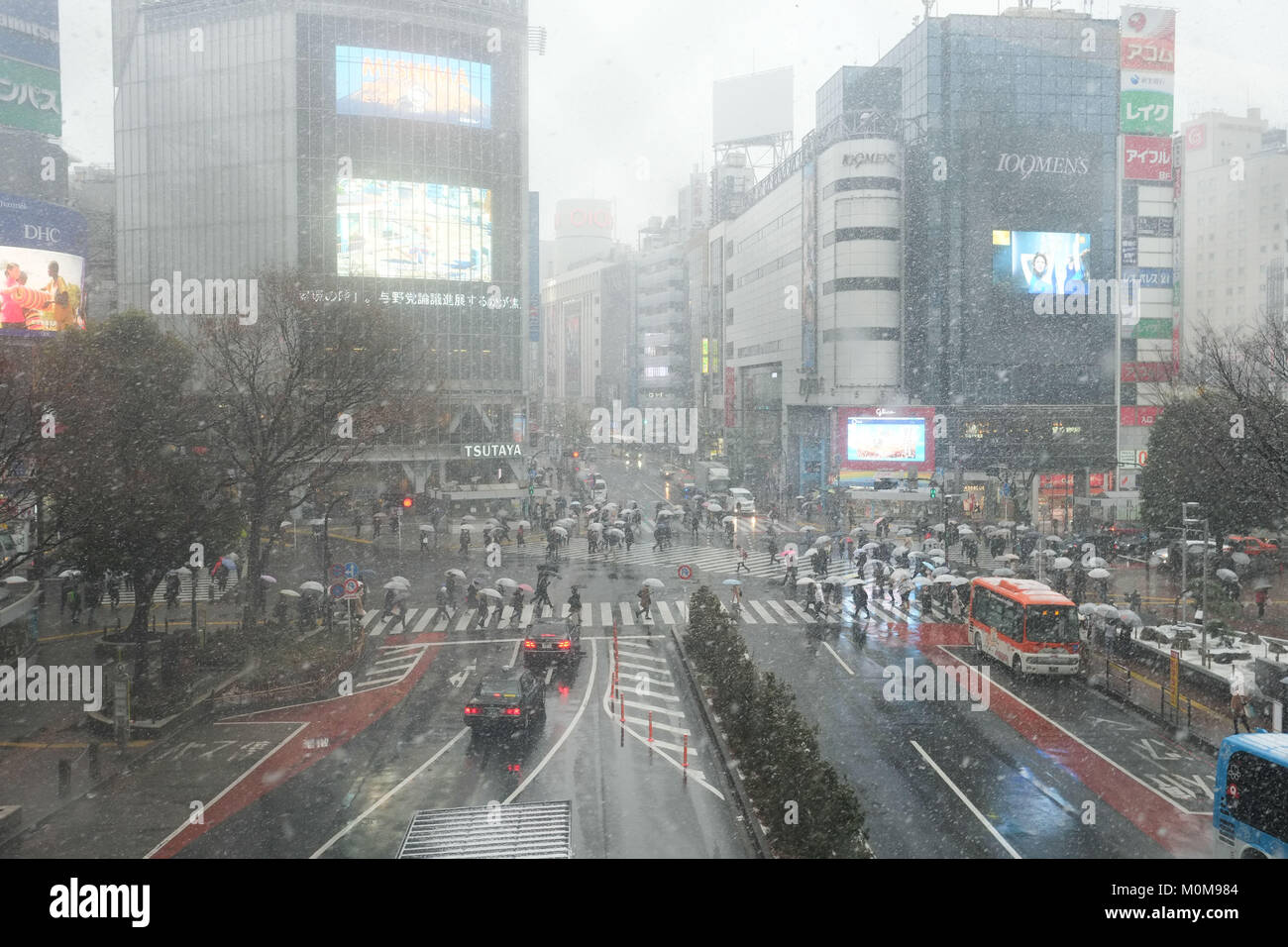 2018/01/22 Tokyo Shibuya, first snow of 2018 season arrived in Tokyo ...