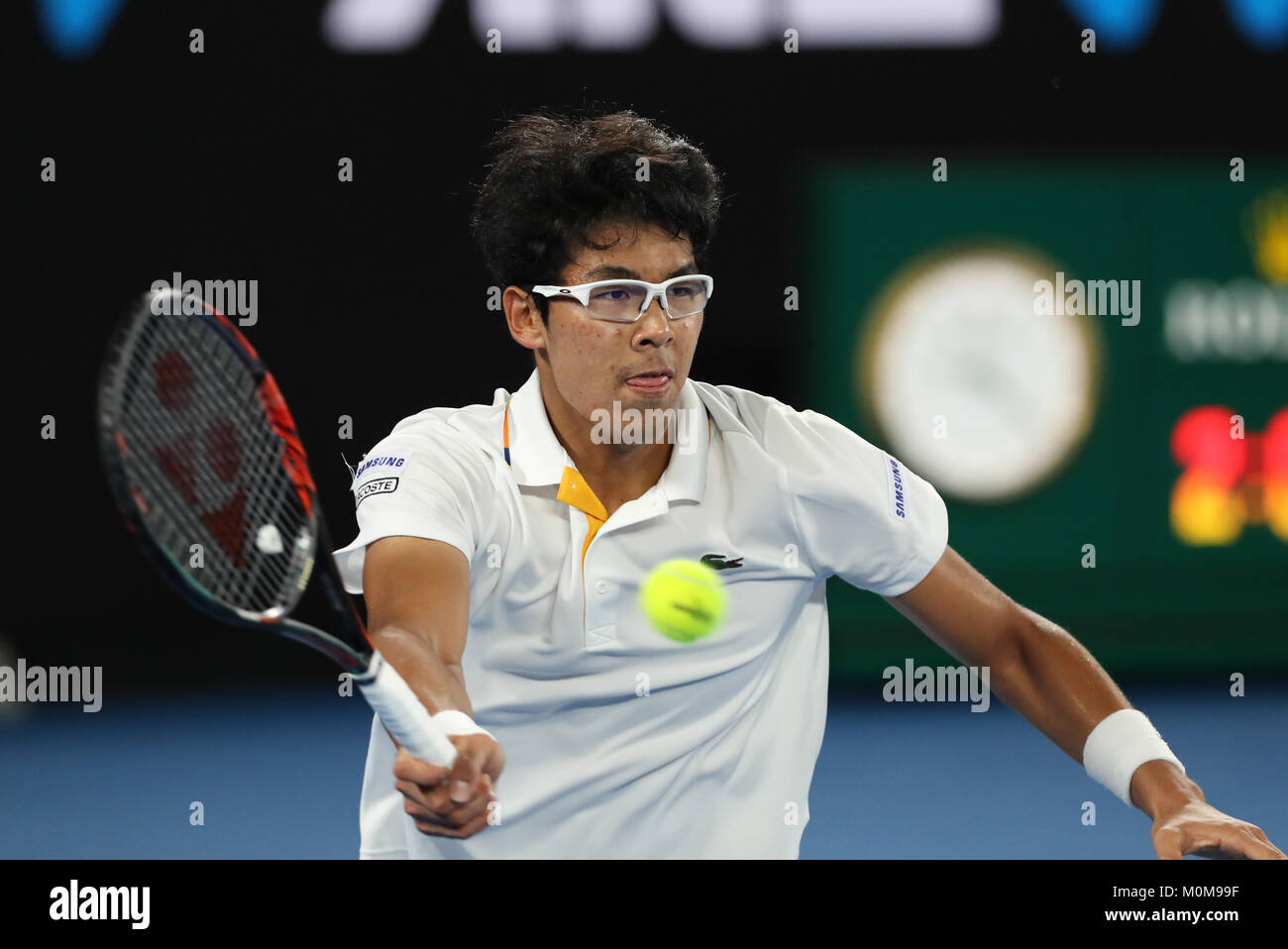 Korean tennis player Hyeon Chung is in action during his 4th round ...