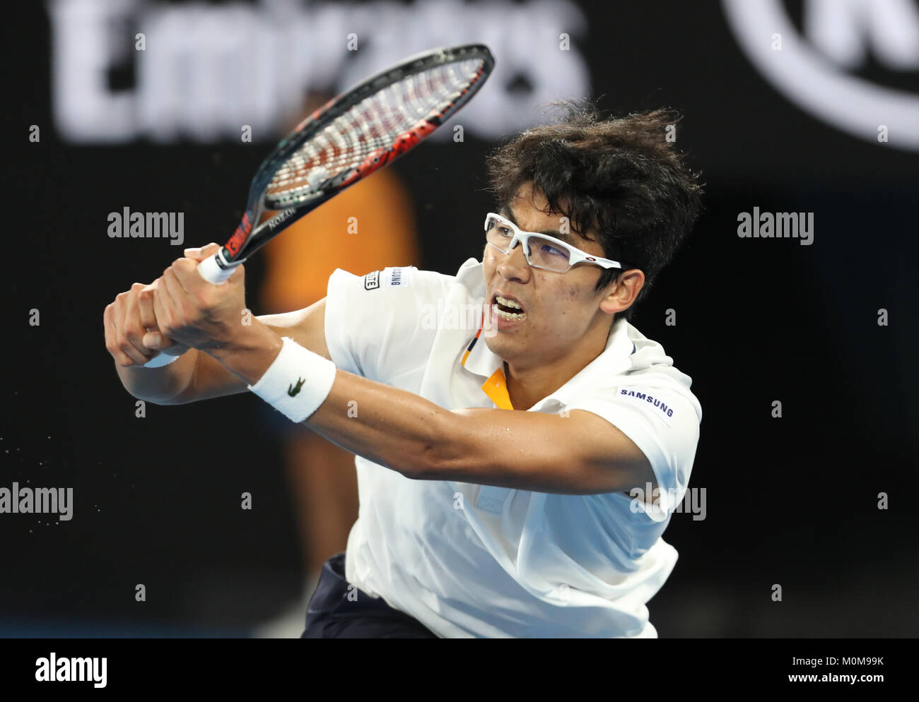 Korean tennis player Hyeon Chung is in action during his 4th round ...