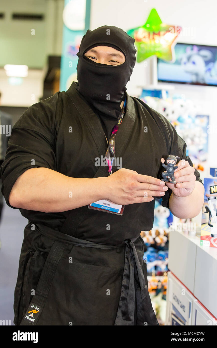 London, UK. 23rd Jan, 2018. Man dressed as Ninja shows the character on ...