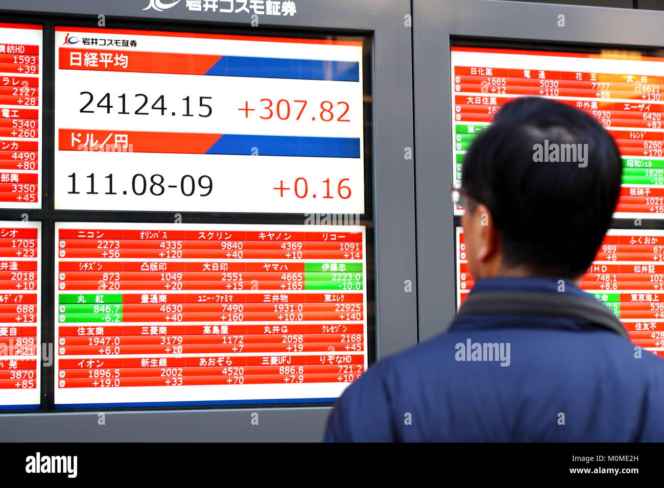 A man looks at an electronic sign board showing Japan's Nikkei Stock ...