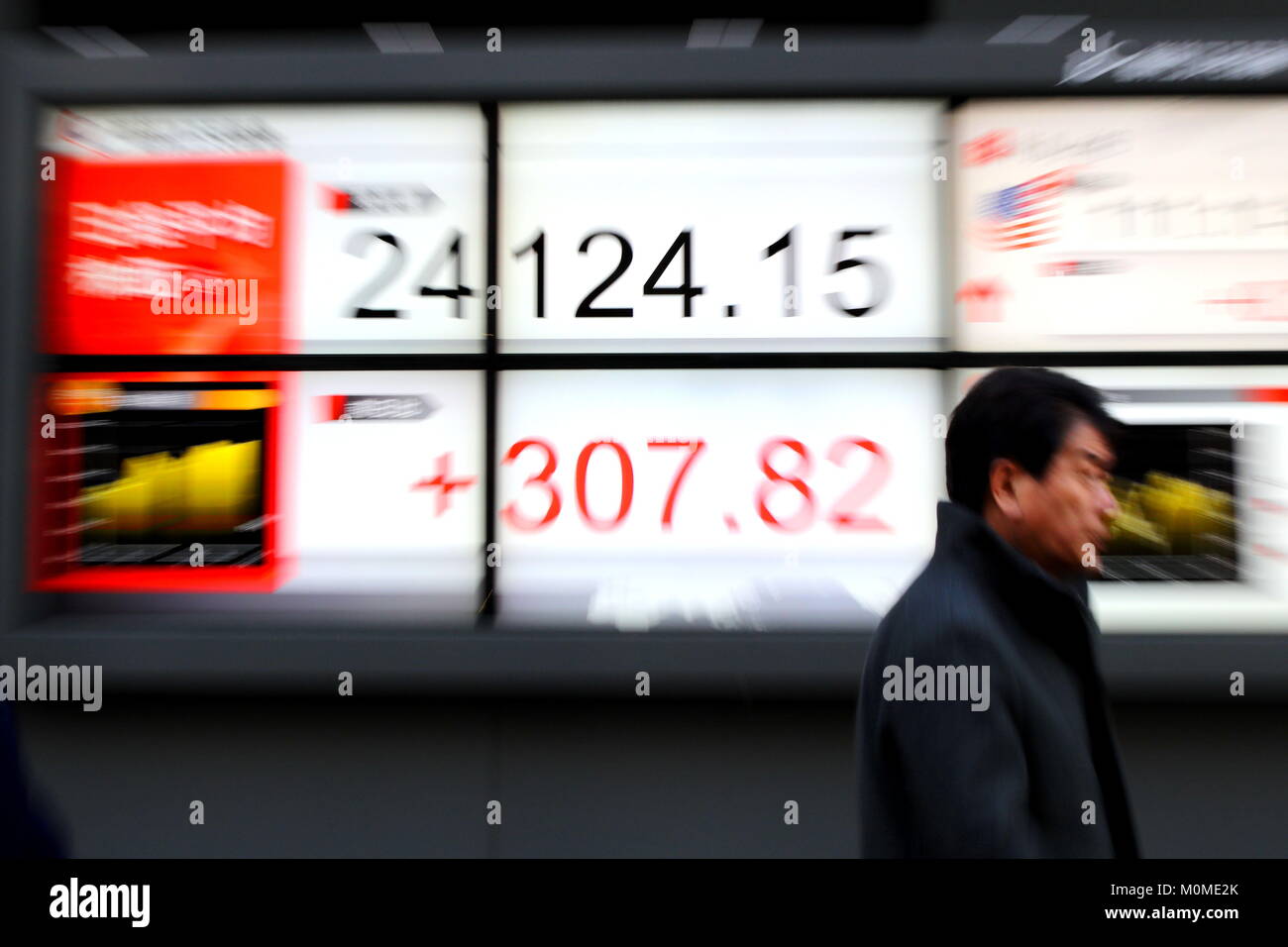 A man walks past an electronic sign board showing Japan's Nikkei Stock ...