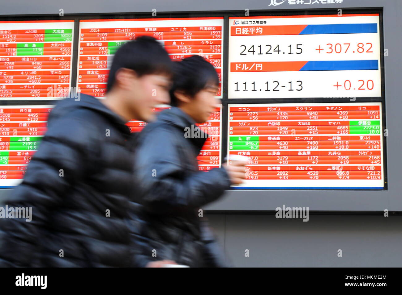 People walk past an electronic sign board showing Japan's Nikkei Stock ...