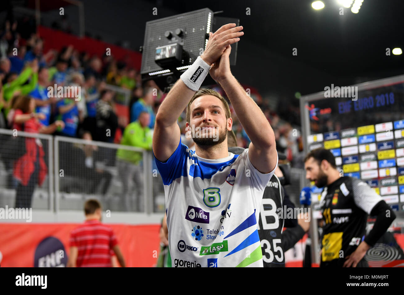 Varazdin, Croatia. 23rd Jan, 2018. Slovenia's Gasper Marguc thanks fans ...