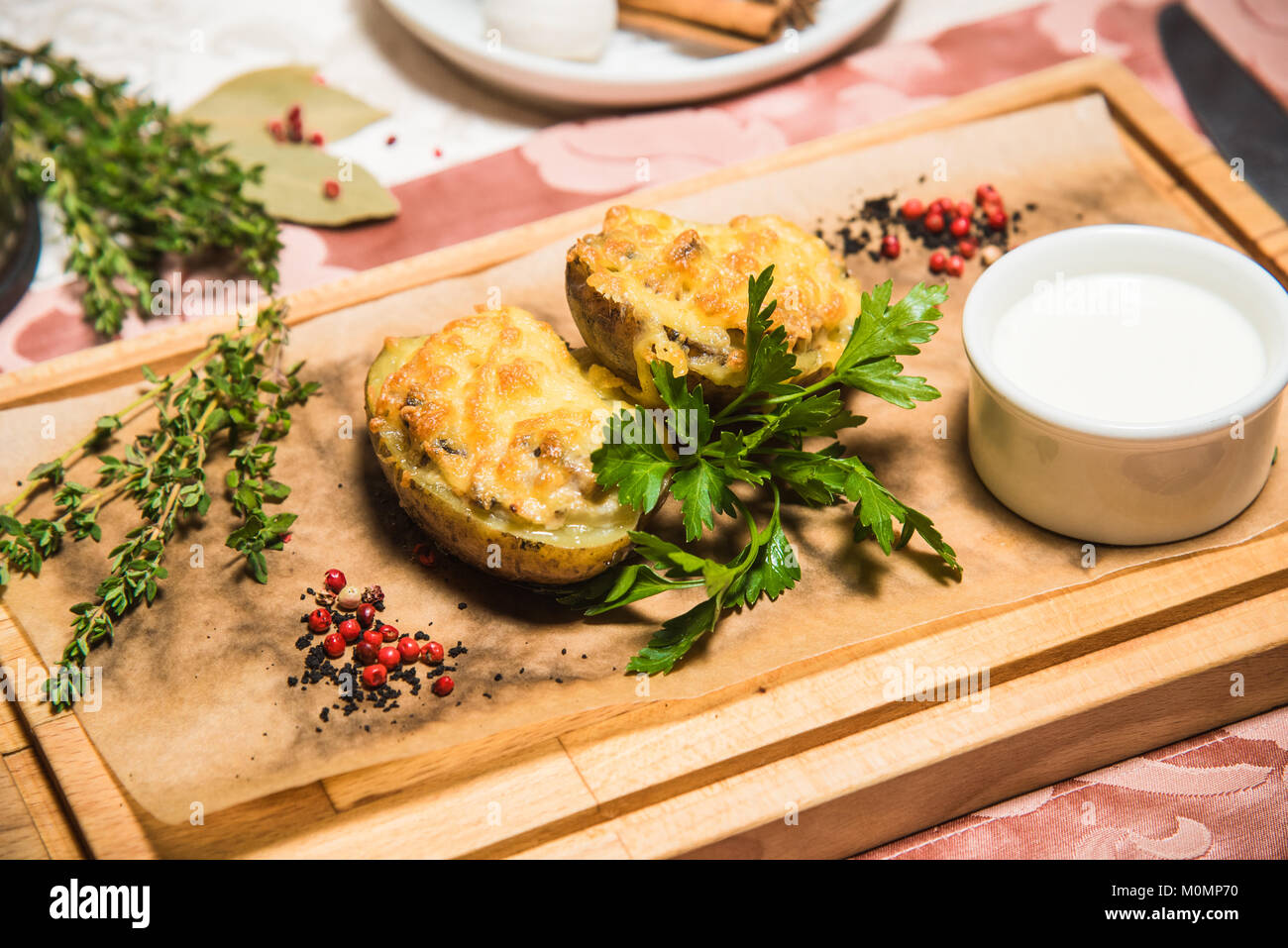 Chef s specialty presented in restaurant on decorated table Stock Photo ...