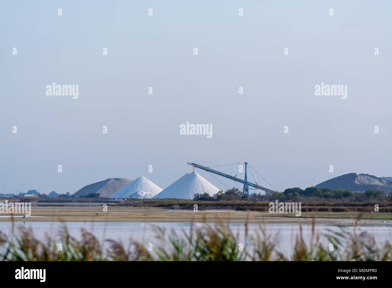 Salt works, industrial plant with white piles of Camagrue sea salt ...