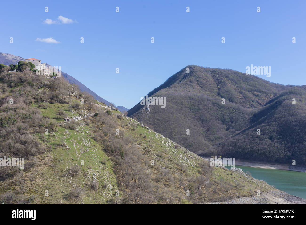 View of Lake Turano from the village of Castel di Tora. Lazio, Italy ...