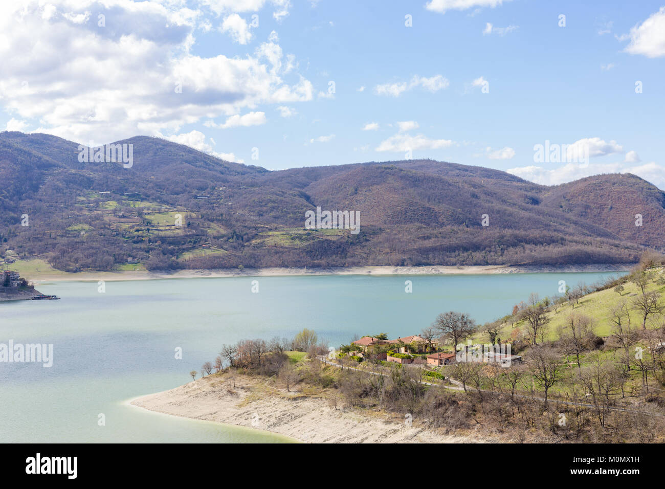 View of Lake Turano from the village of Castel di Tora. Lazio, Italy ...