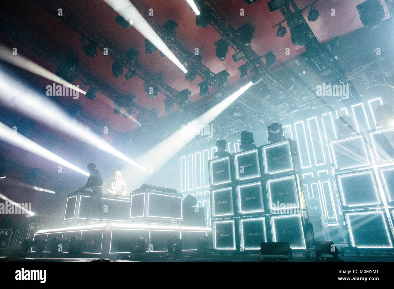 The French electronic music duo Justice (stylised as Jus†ice) performs ...