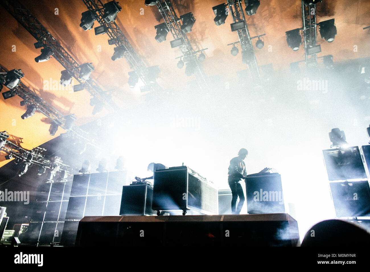 The French electronic music duo Justice (stylised as Jus†ice) performs ...