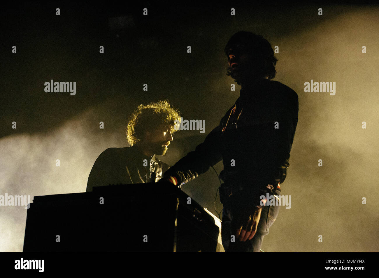 The French electronic music duo Justice (stylised as Jus†ice) performs ...