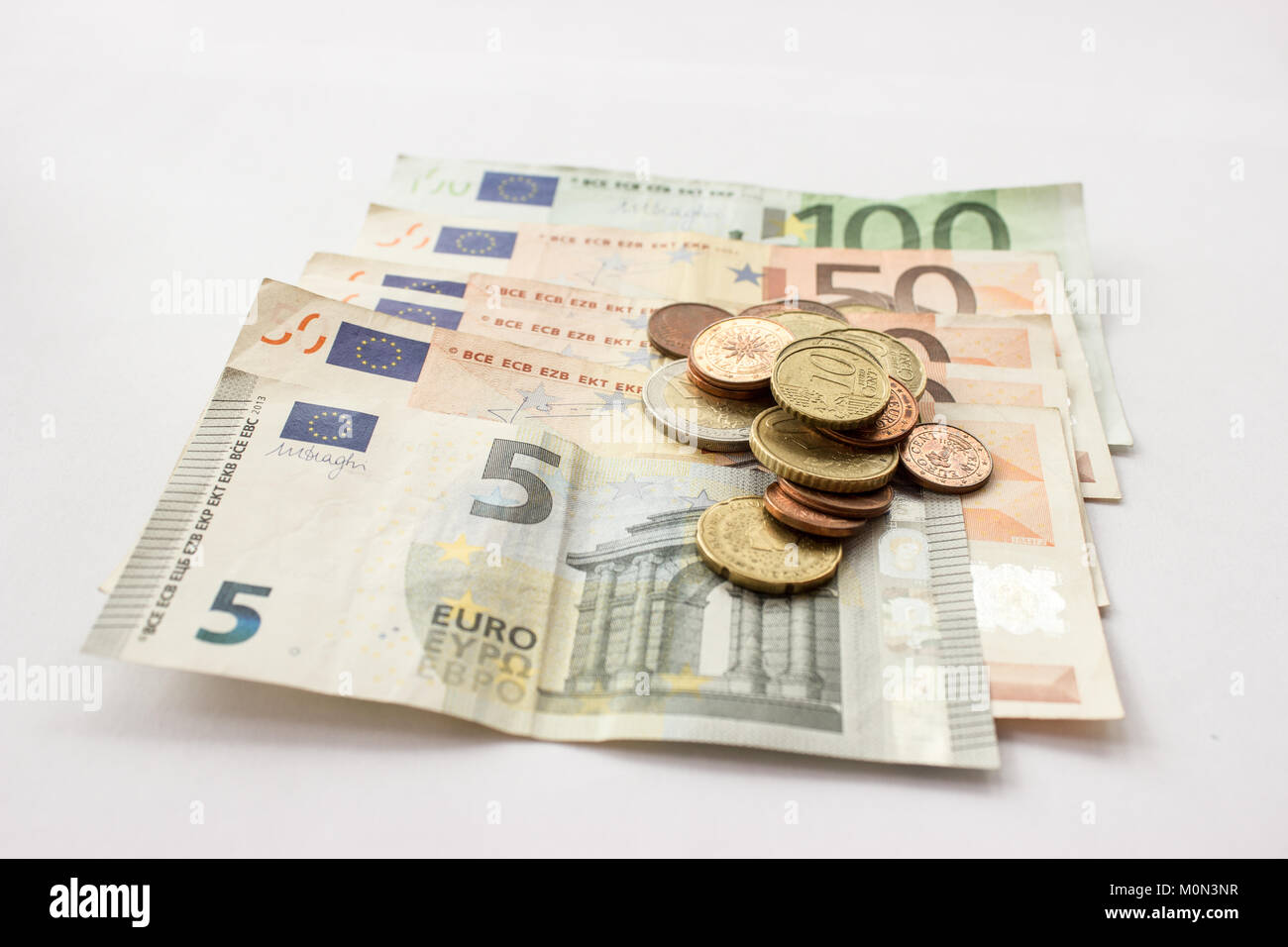 European coins on the various Euro banknotes like background Stock ...