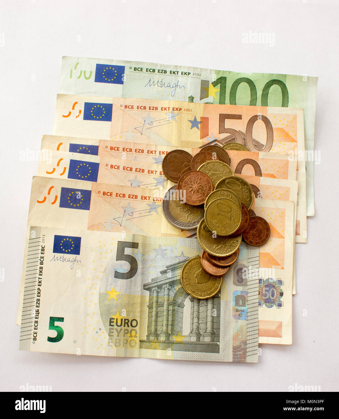 European coins on the various Euro banknotes like background Stock ...