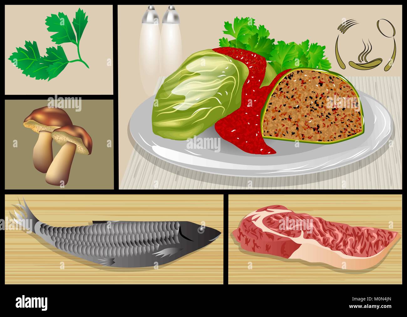 fish and meat dishes. set of restaurant food Stock Vector Image & Art ...