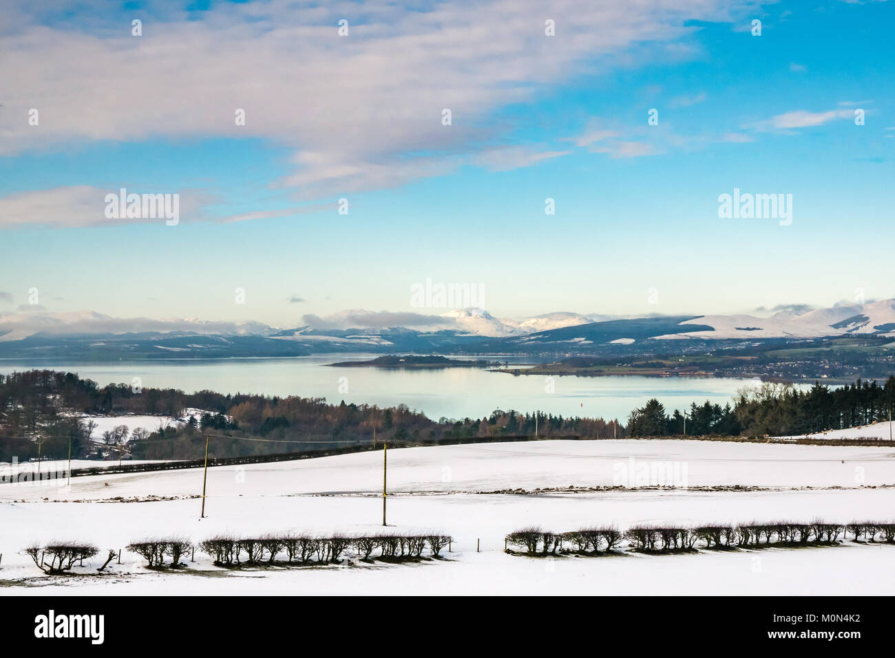 Winter scene of Clyde River to Gare Loch from hill above Langbank, with ...