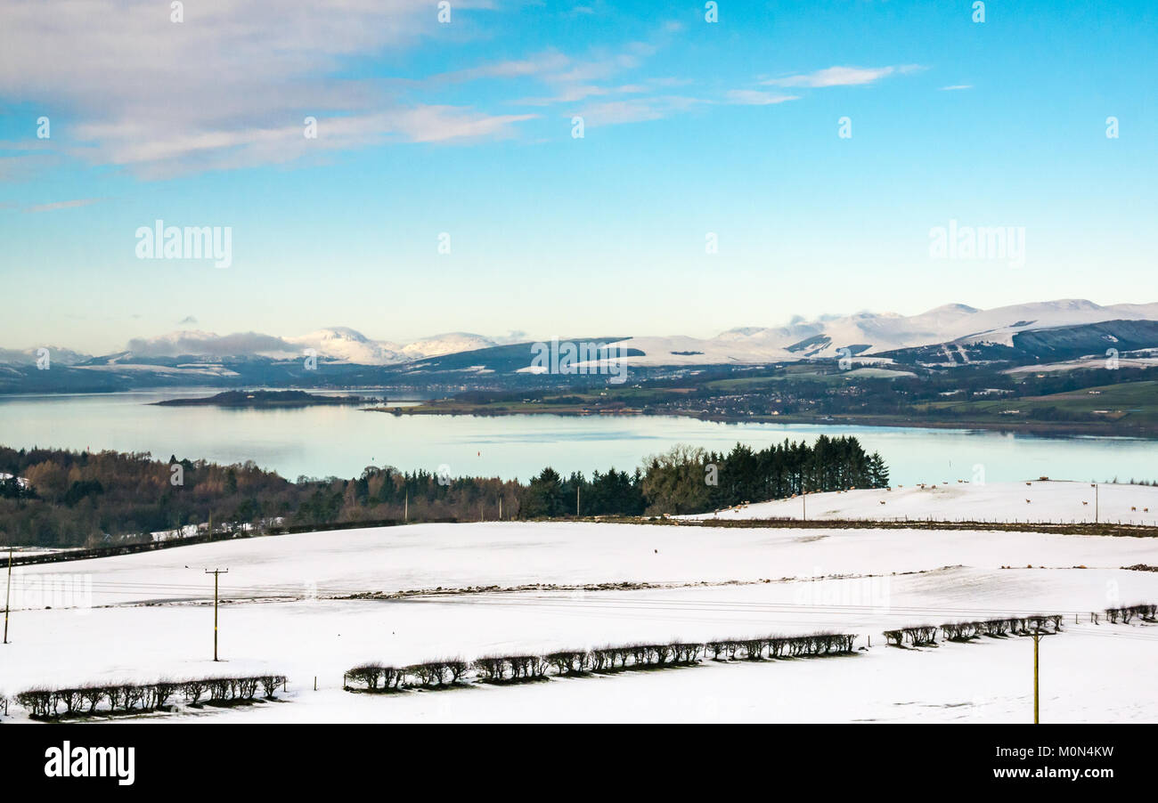 Winter scene of Clyde River to Gare Loch from hill above Langbank, with ...