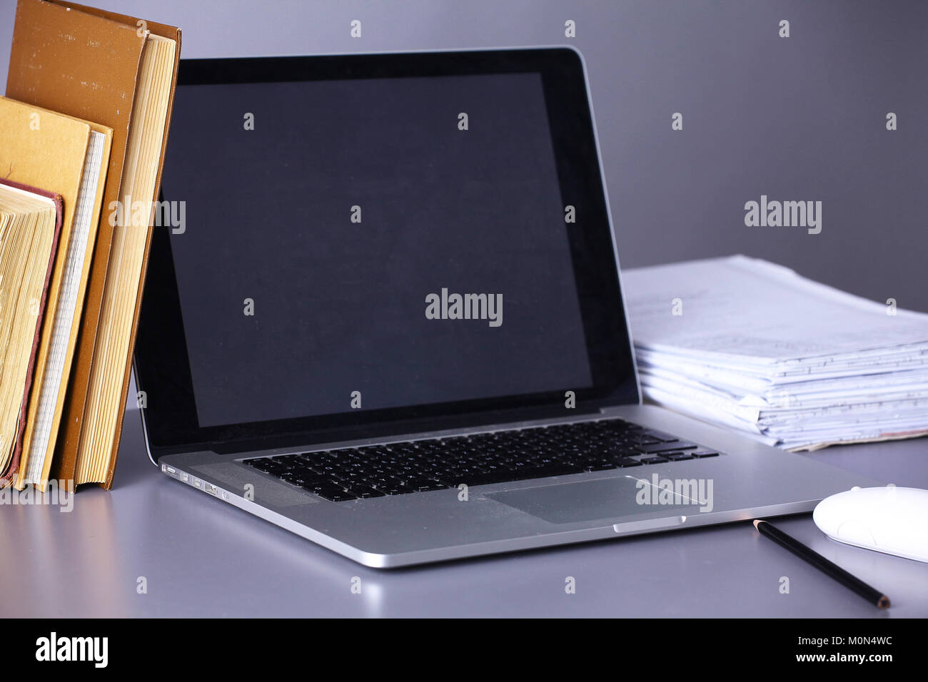 Workspace with computer and documents in office Stock Photo - Alamy