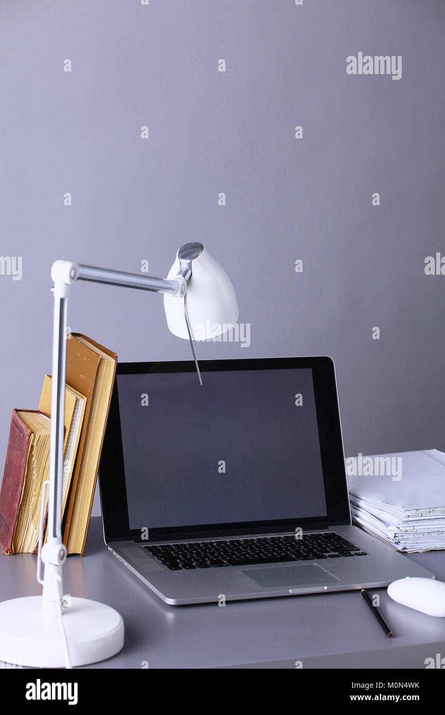 Workspace with computer and documents in office Stock Photo - Alamy