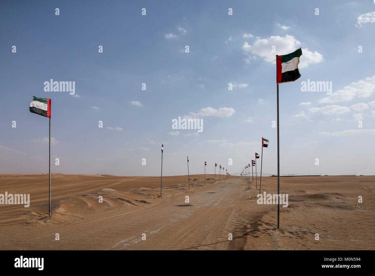 UAE flags lining a road in a desert Stock Photo - Alamy