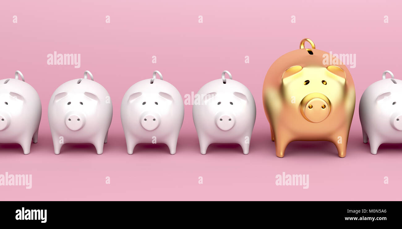 Row with piggy banks with one bigger and gold colored piggy bank, front ...