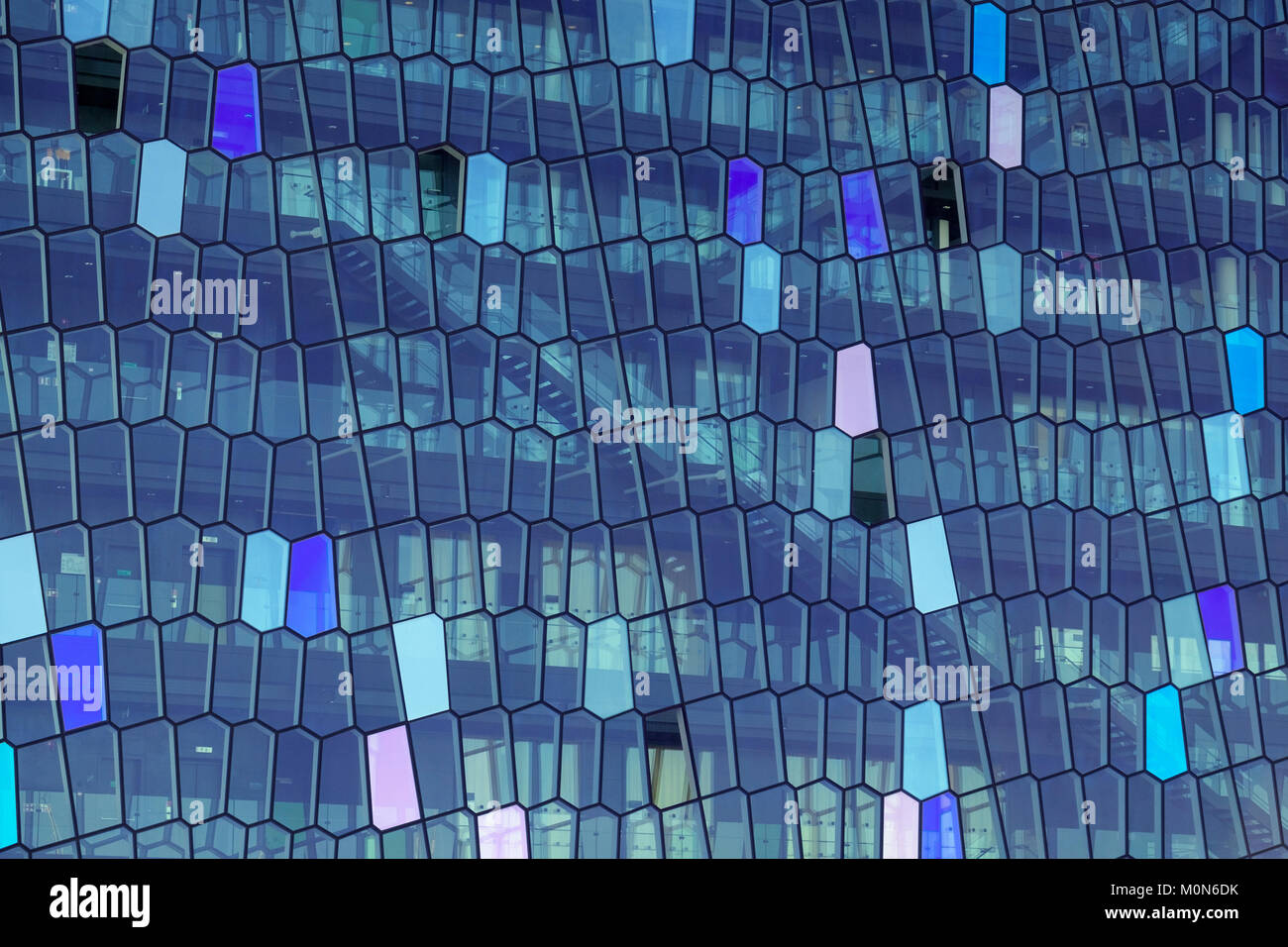 Geometric shaped glass panels of different colours on modern 21st ...