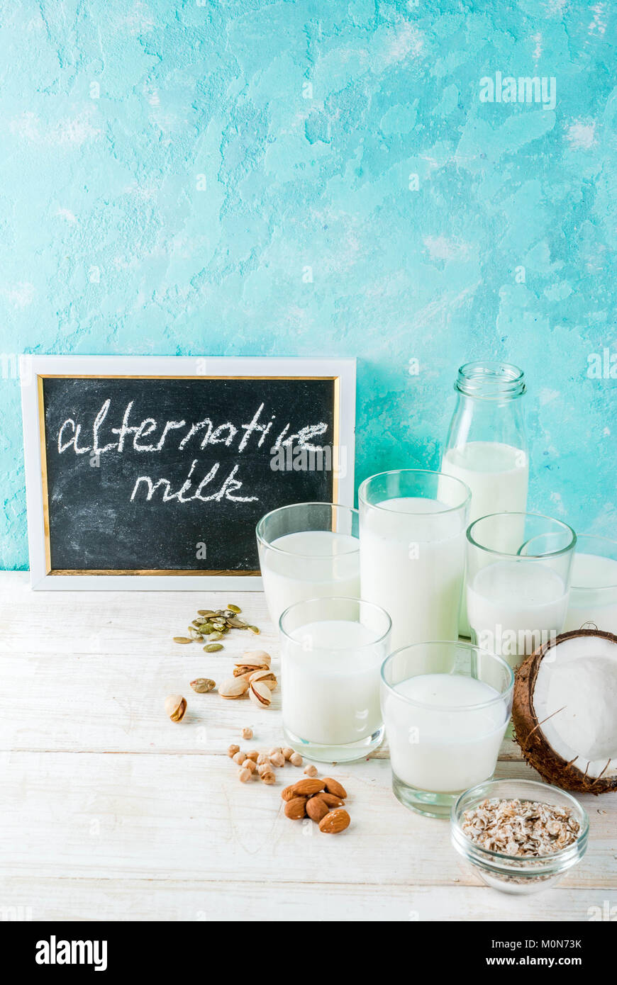 Vegan alternative food, set of various non-dairy milk - rice, coconut ...