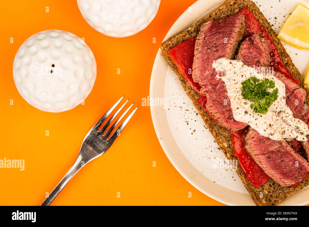 Rare Cooked Beef Steak And Red Pepper Open Face Sandwich With ...