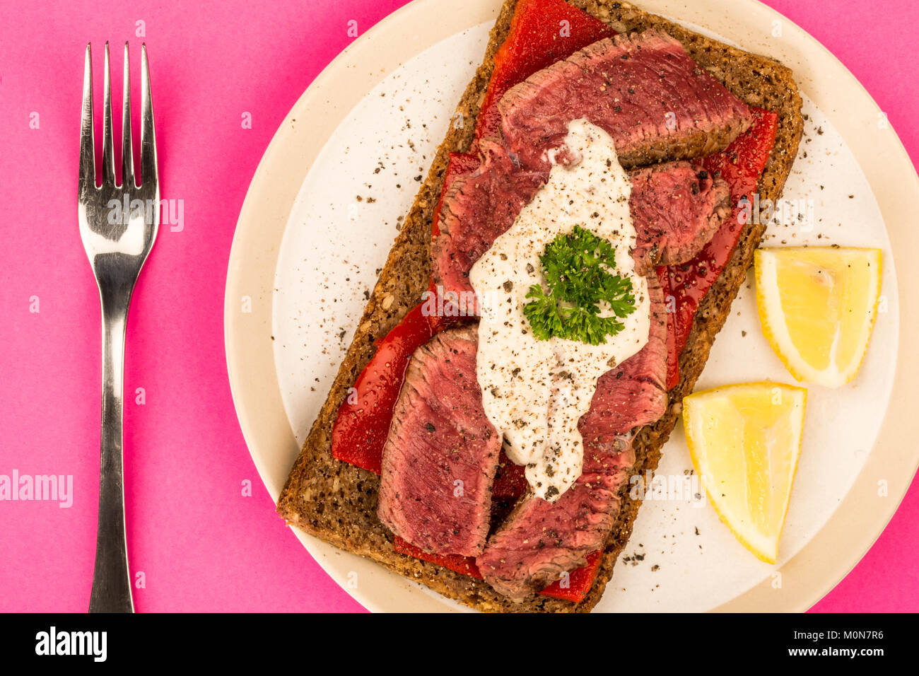 Rare Cooked Beef Steak And Red Pepper Open Face Sandwich With ...