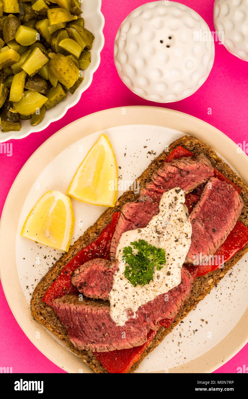Rare Cooked Beef Steak And Red Pepper Open Face Sandwich With ...