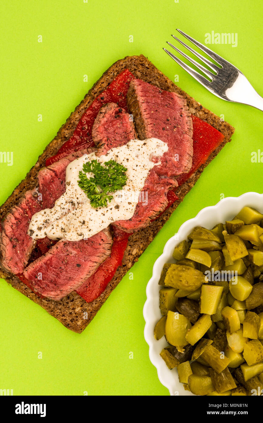 Rare Cooked Beef Steak And Red Pepper Open Face Sandwich With ...