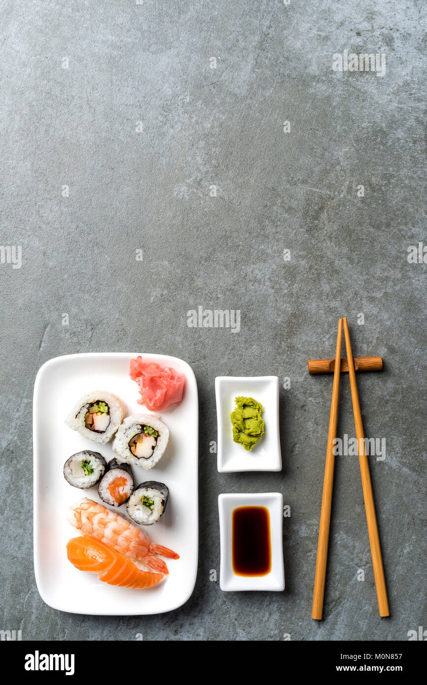 Set of Japanese sushi. Top view Stock Photo - Alamy