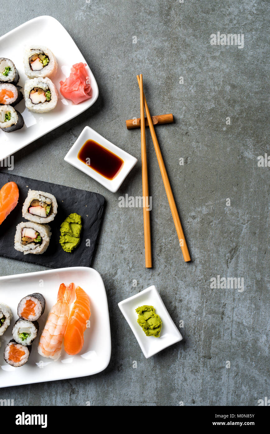 Set of Japanese sushi. Top view Stock Photo - Alamy