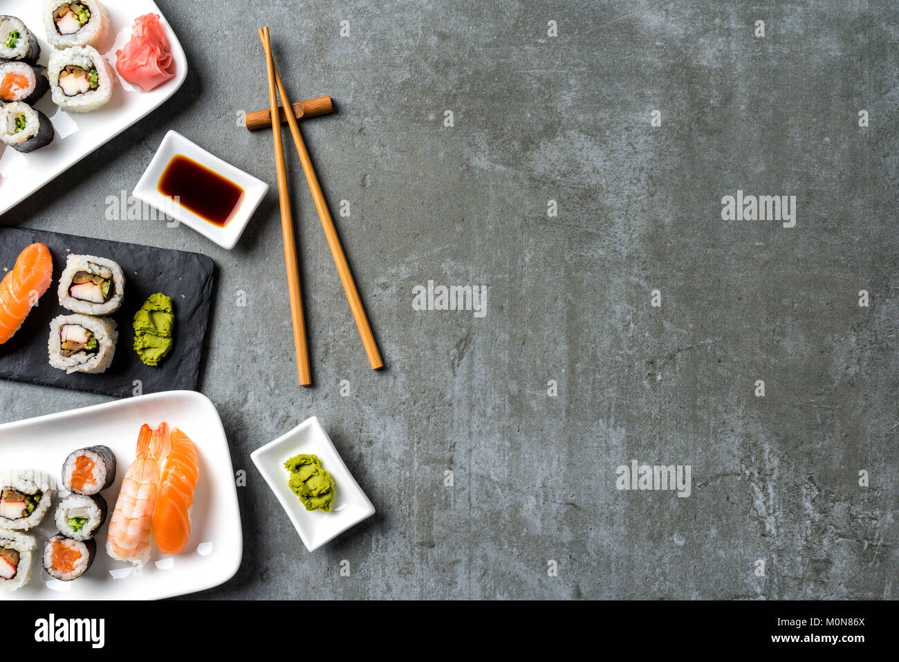 Set of Japanese sushi. Top view Stock Photo - Alamy