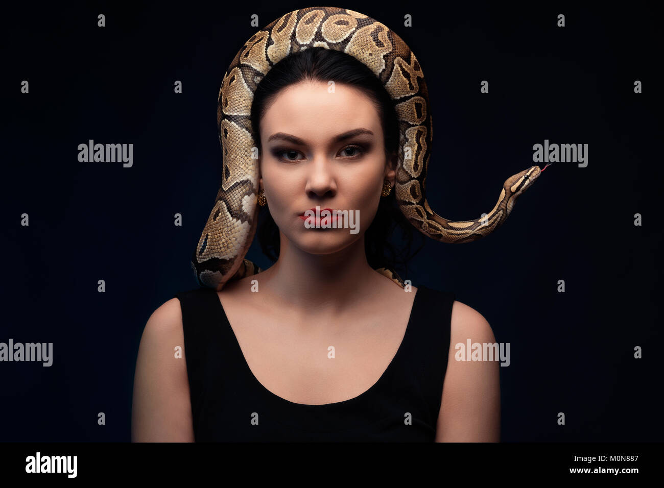 Close up portrait of woman with snake on head on dark background Stock ...