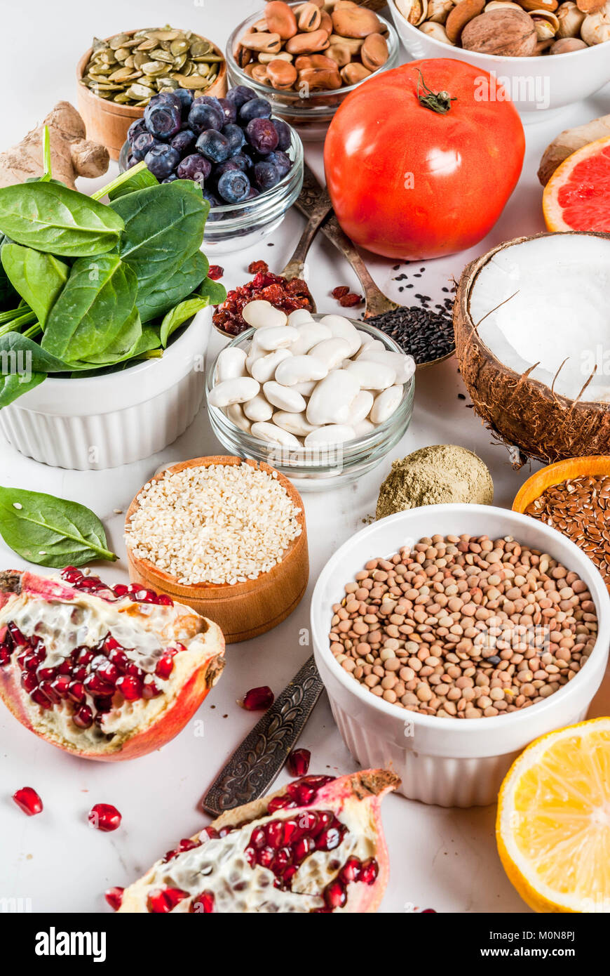 Set of organic healthy diet food, superfoods - beans, legumes, nuts ...