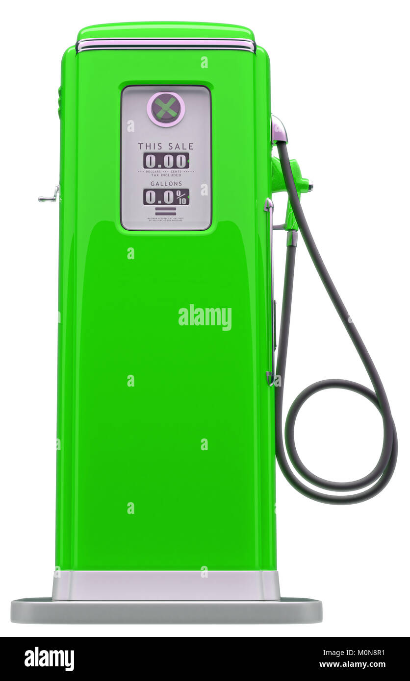 Vintage green fuel pump isolated over white background. Side view Stock ...