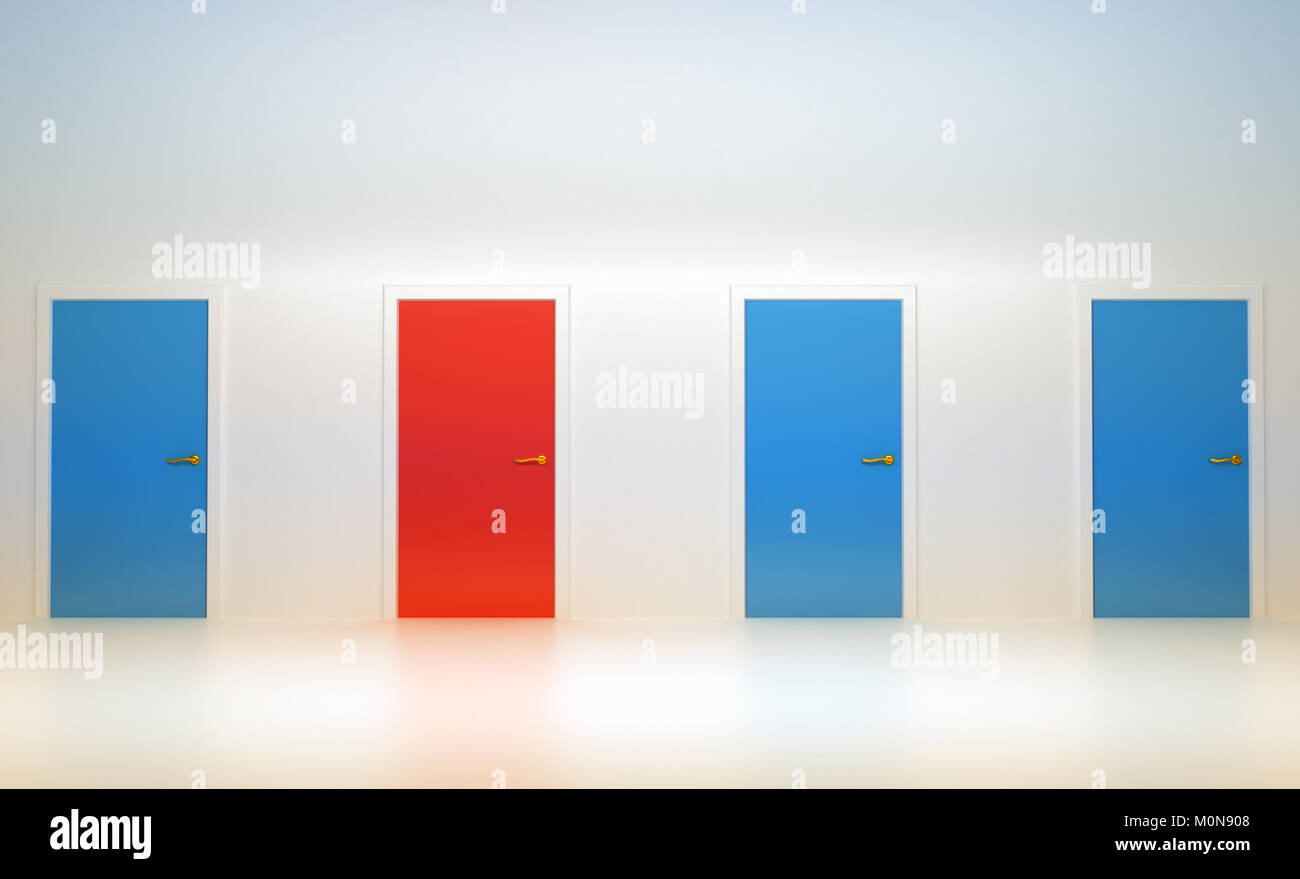 Right way: four conceptual doors in abstract room Stock Photo - Alamy