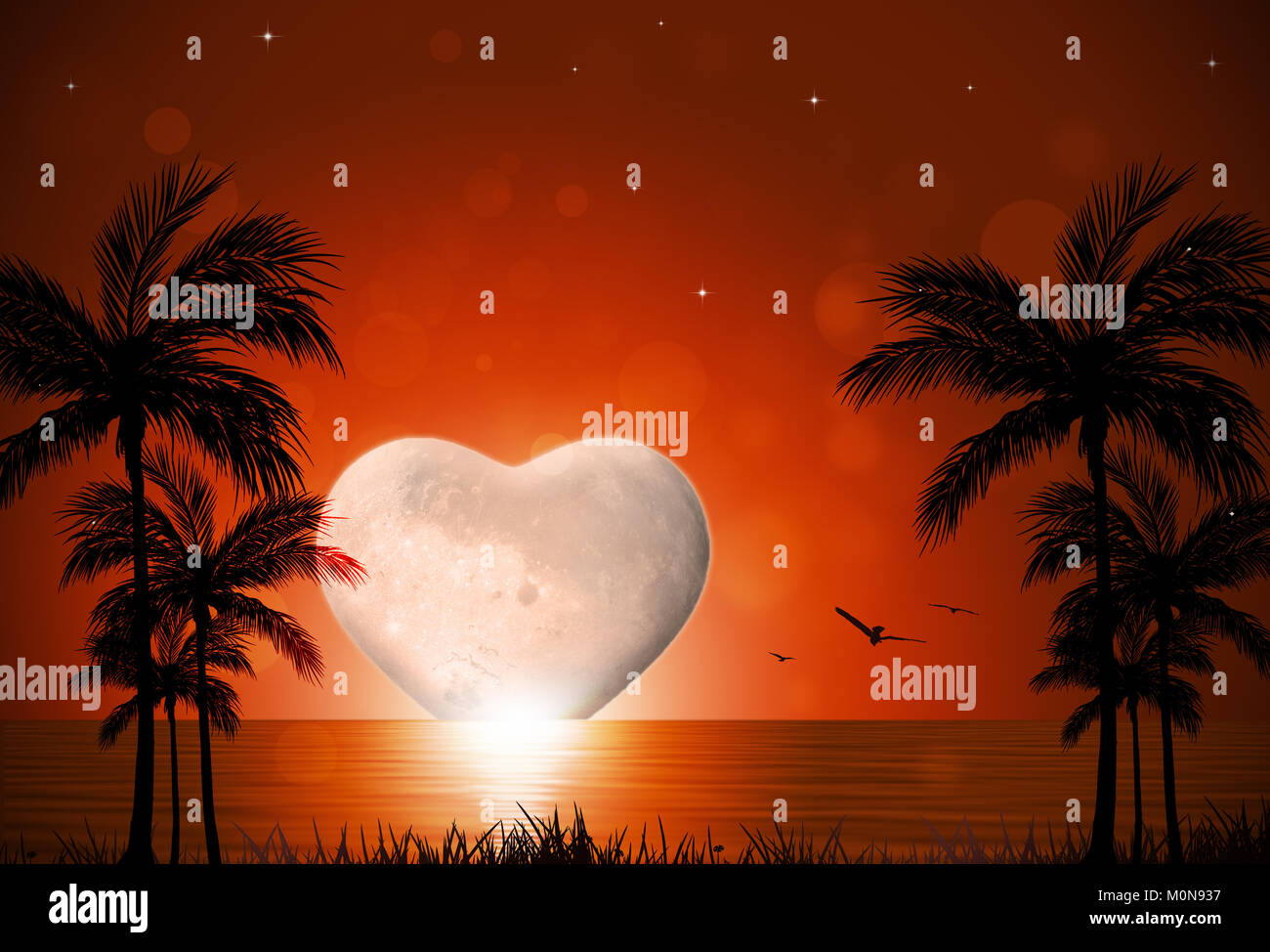 tropical heart shape moon rise valentine holiday background Stock Photo ...
