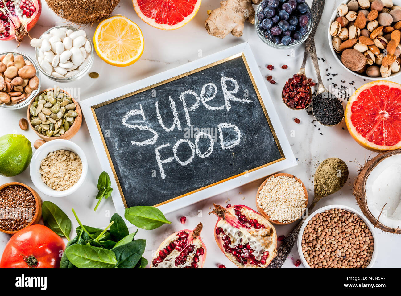 Set of organic healthy diet food, superfoods - beans, legumes, nuts ...
